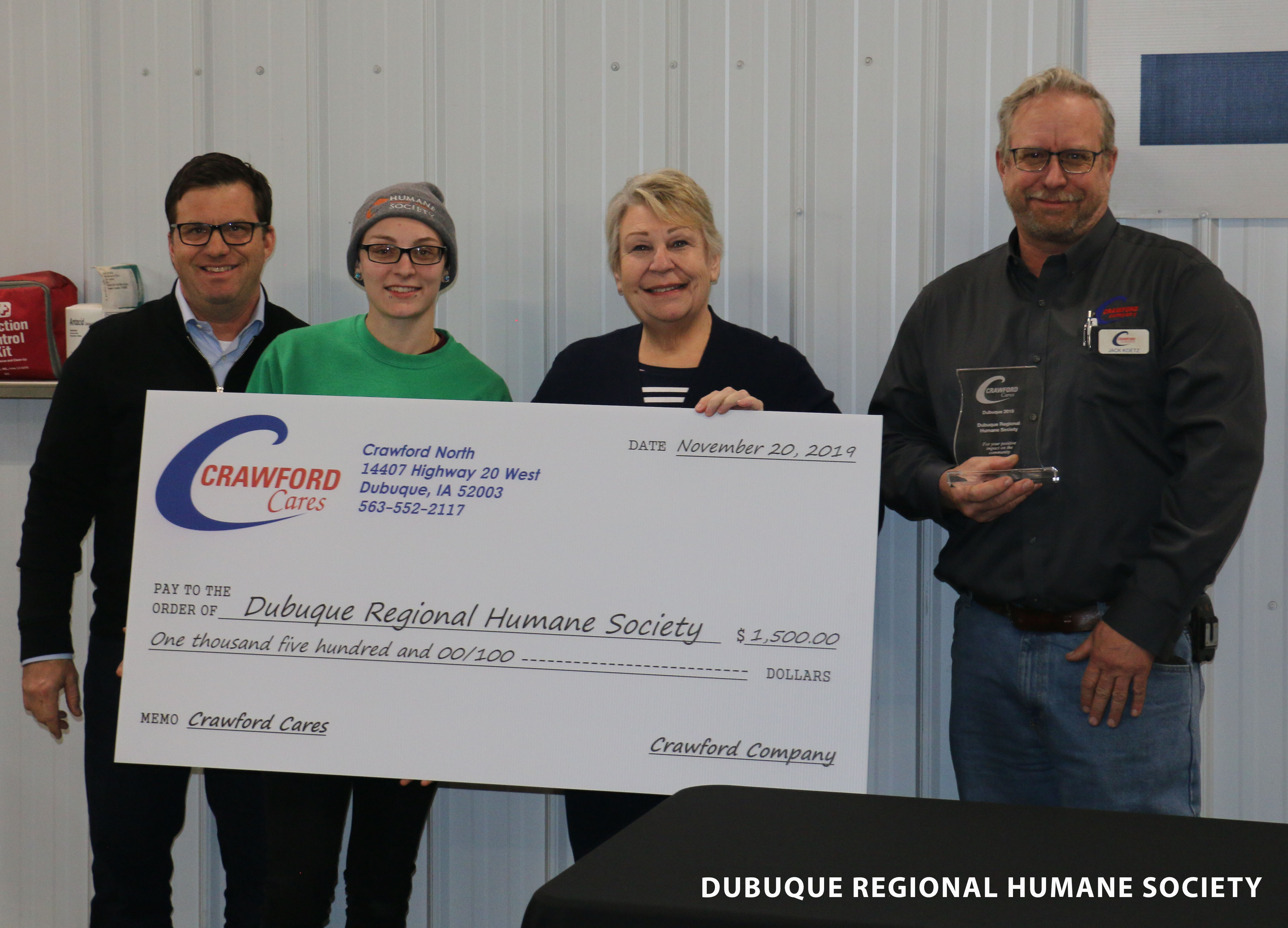 DUBUQUE REGIONAL HUMANE SOCIETY RECOGNIZED AS 2019 CRAWFORD CARES WINNER